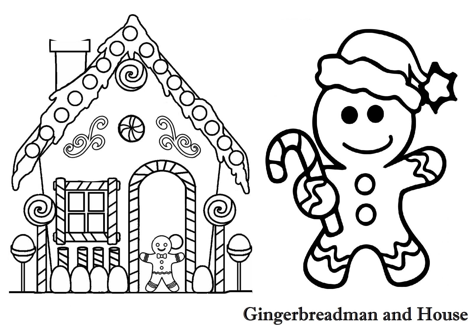 Gingerbreadman And Gingerbreadhouse Chrsitmas Coloring Page For Kids 